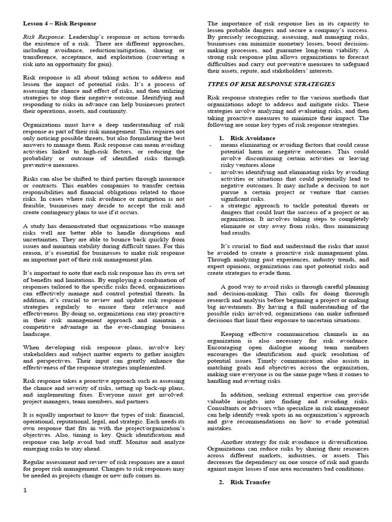 Lesson 4 Risk Response | PDF | Risk | Risk Management