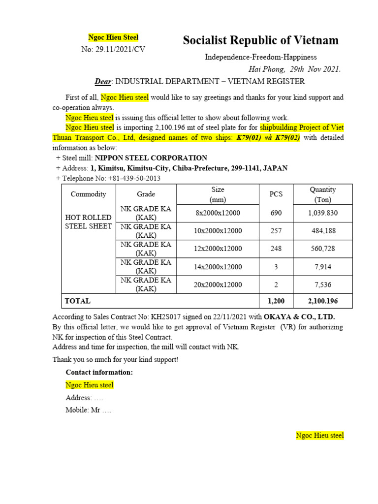 Offical Letter of Ngoc Hieu Steel to VR | PDF | Building Materials | Secondary Sector Of The Economy