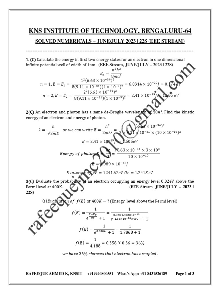 Solved Numericals for EEE Stream 2023 | PDF | Optical Fiber | Energy Level