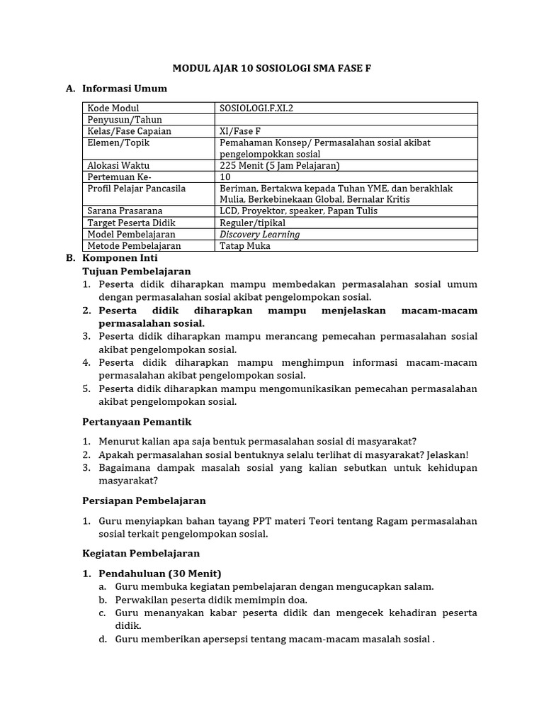 MODUL AJAR 10 SOSIOLOGI SMA FASE F KLS XI - Bab 2 | PDF | Karier & Perkembangan