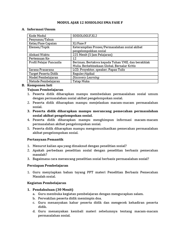 MODUL AJAR 12 SOSIOLOGI SMA FASE F KLS XI - Bab 2 | PDF | Karier & Perkembangan