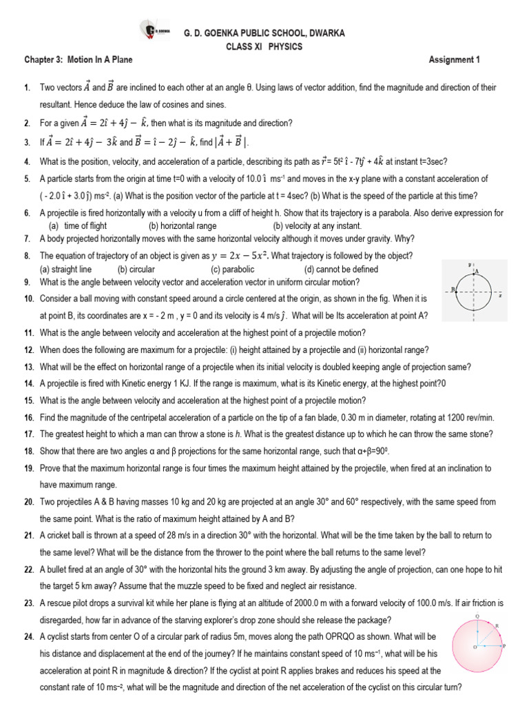 Class XI Physics CH 3 Assignment 1 | PDF | Acceleration | Velocity
