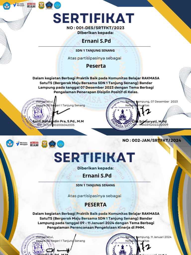 Sertifikat Praktik Baik SDN 1 Tanjung Senang | PDF