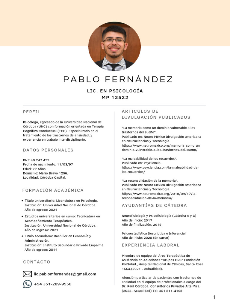 Currículum Lic. Pablo Fernández | PDF | Sicología | Terapia de conducta ...