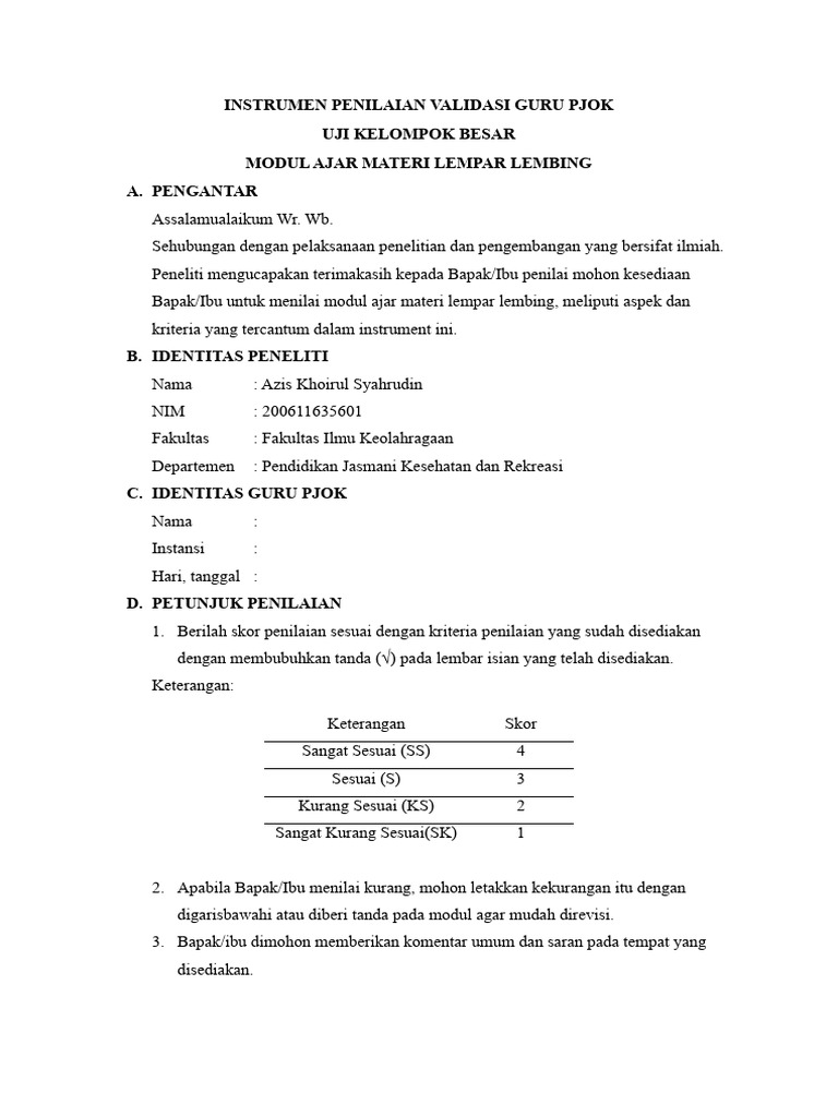 Instrumen Penilaian Uji Kelompok Besar Guru Pjok | PDF
