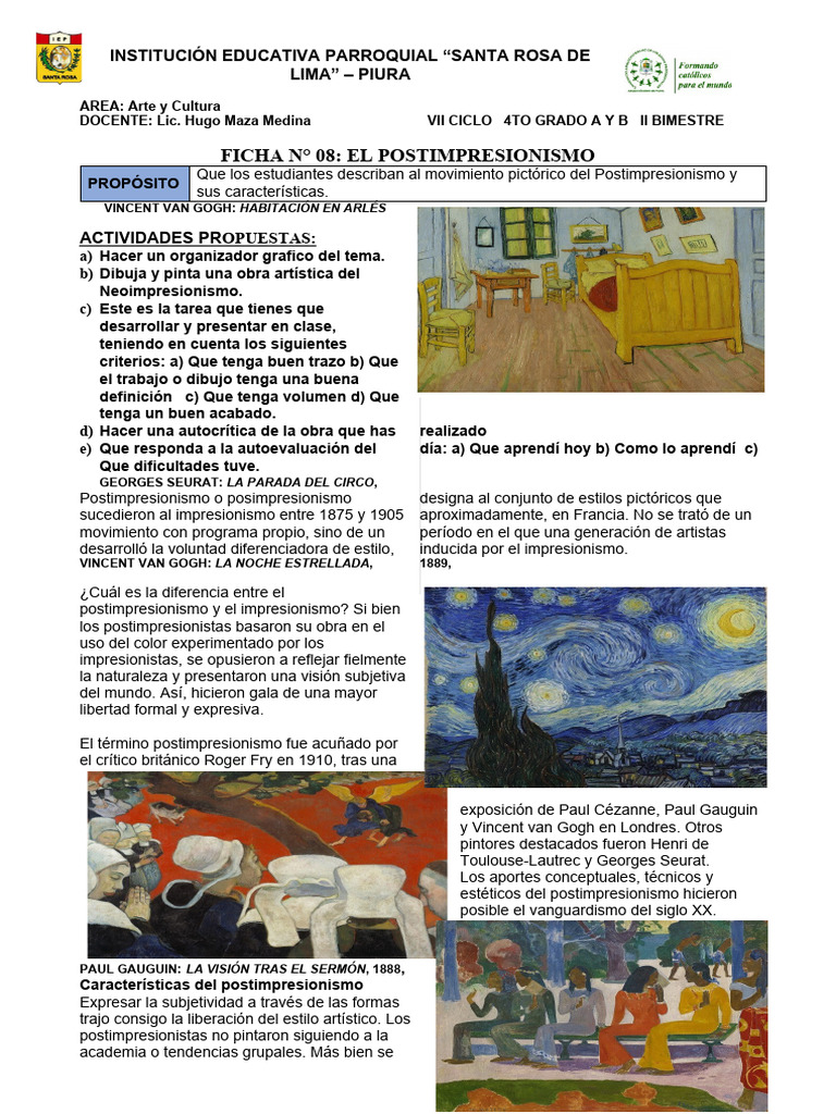 ficha-08-el-postimpresionismo-4to-2024 | PDF | Vincent Van Gogh | Paul Gauguin