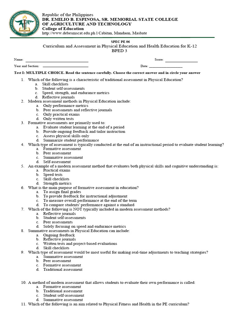 Final Exam in Spec Pe 06 | PDF | Educational Assessment | Physical ...