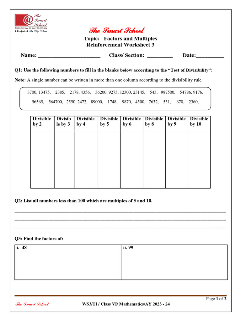 Reinforcement Worksheet 3 T1 Class VI Mathematics AY 2023 - 24 | PDF ...