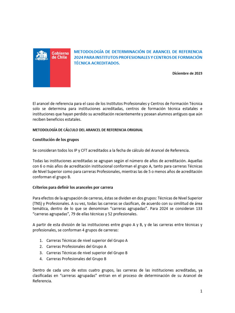 Metodologia Aranceles de Referencia CFT e Ip 2024 | PDF