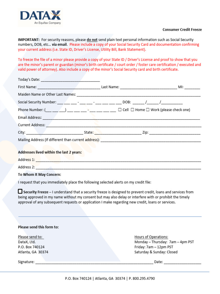 DataX Consumer Credit Freeze Form | PDF | Social Security Number | Credit