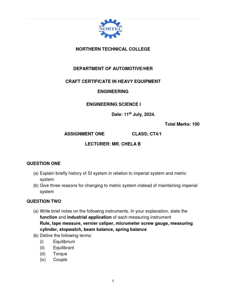CT4-1 Engineering Science 1 Assignt 1 July 2024 | PDF | Torque | Force