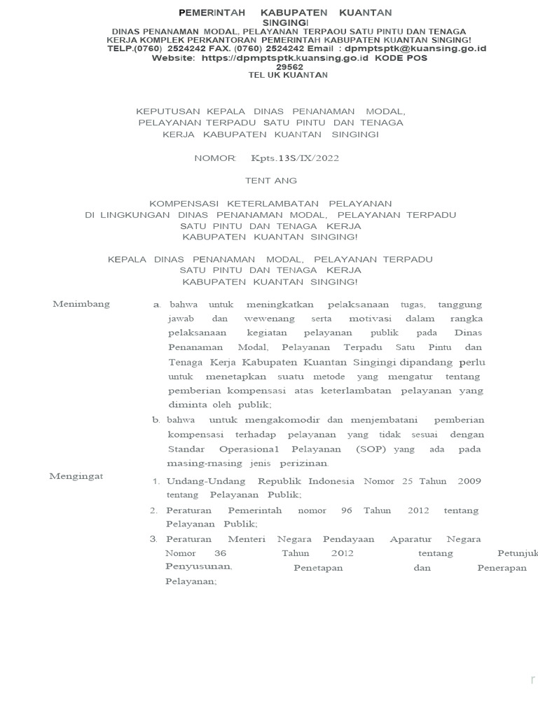 SK Kompensasi DPMPTSP | PDF