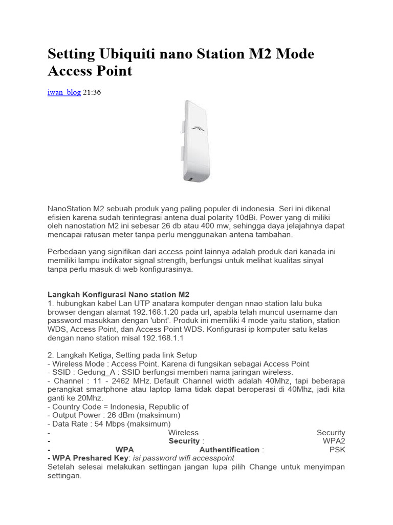 Setting Ubiquiti Nano Station M2 Mode Access Point | PDF