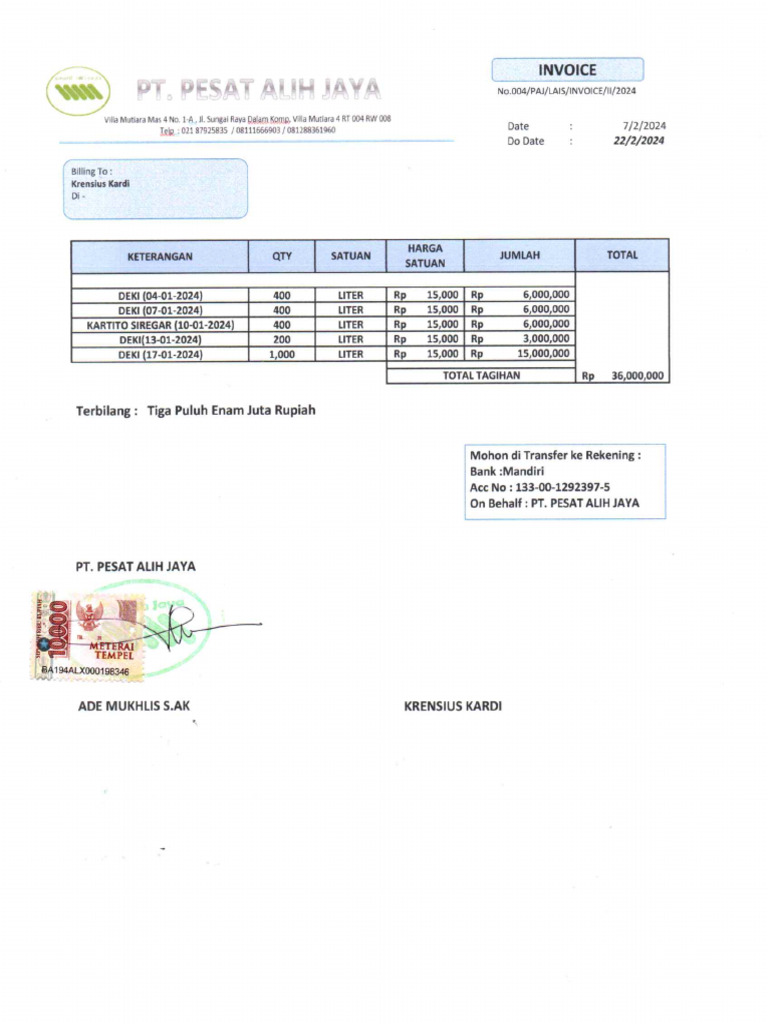 Invoice Peminjaman Solar Kontraktor Aci Periode Januari 2024 | PDF