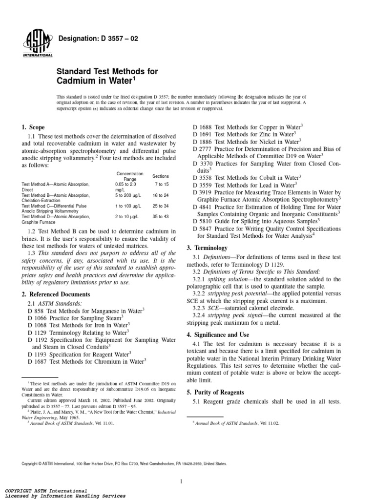 ASTM D3557 Standard Test Methods For Cadmium in Water | PDF ...