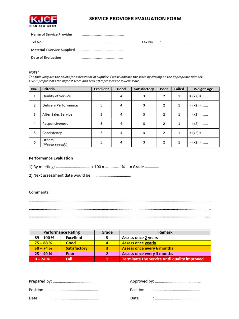 Service Provider Evaluation Form Template | PDF