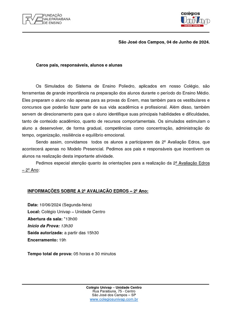 Comunicado 04-06-2024 - Avaliação Edros 2 - 2º Ano | PDF | Tempo Comunicado 04-06-2024 - Avaliação Edros 2 - 2º Ano | PDF | Tempo