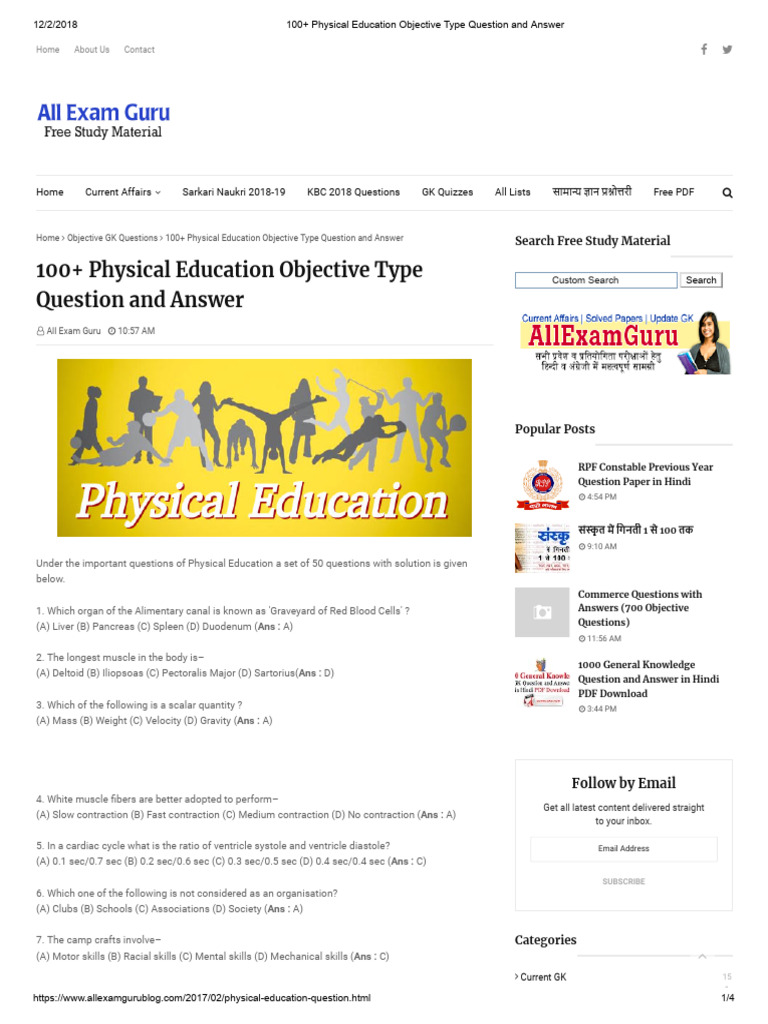 50 Physical Education Objective Type Question and Answer | PDF | Adrenal Gland
