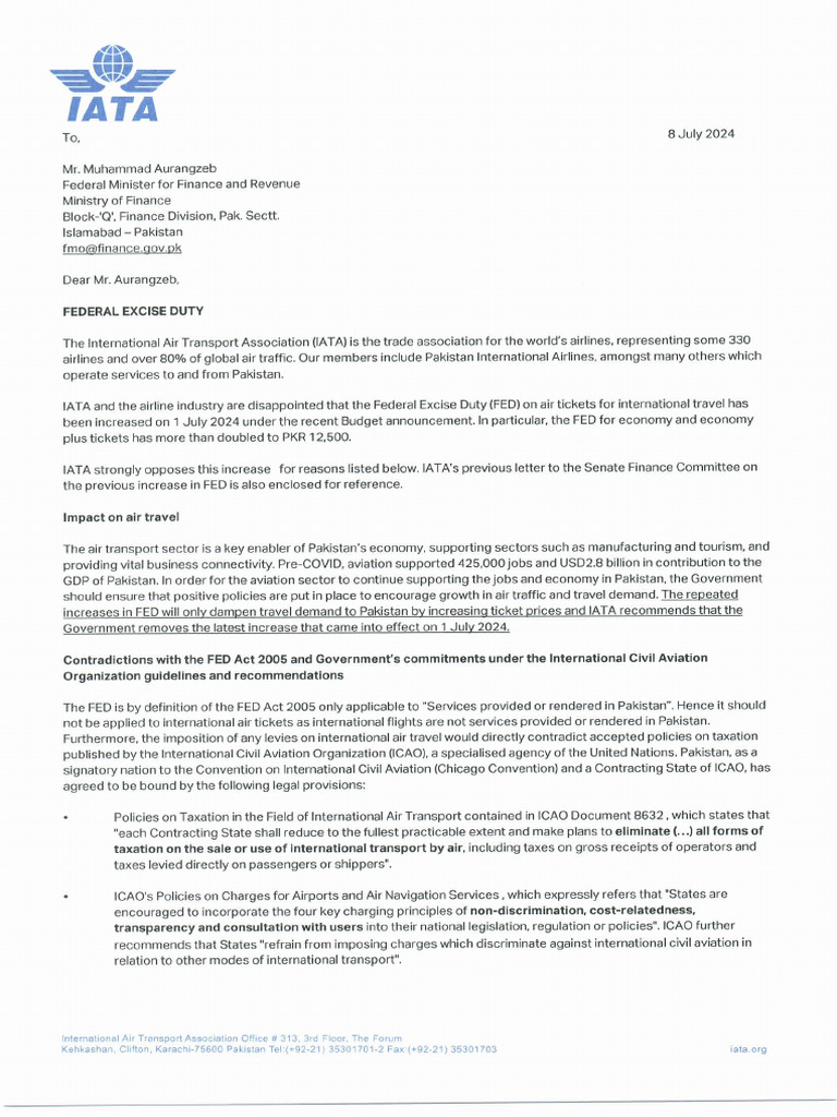 Iata Letter To Fedral 08jul24 | PDF