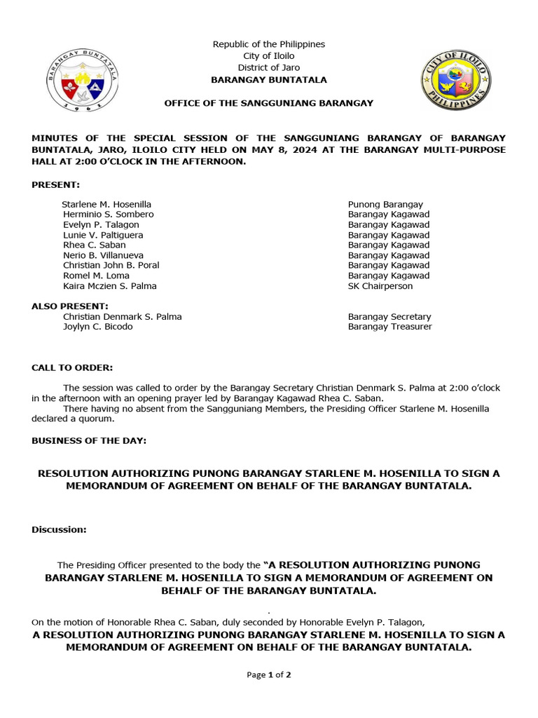 RESOLUTION AUTHORIZING THE PUNONG BARANGAY TO SIGN A MEMORANDUM OF AGREEMENT ON BEHALF OF THE ...