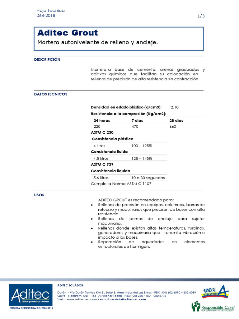 Ficha Tecnica Aditec Grout | PDF | Hormigón | Agua