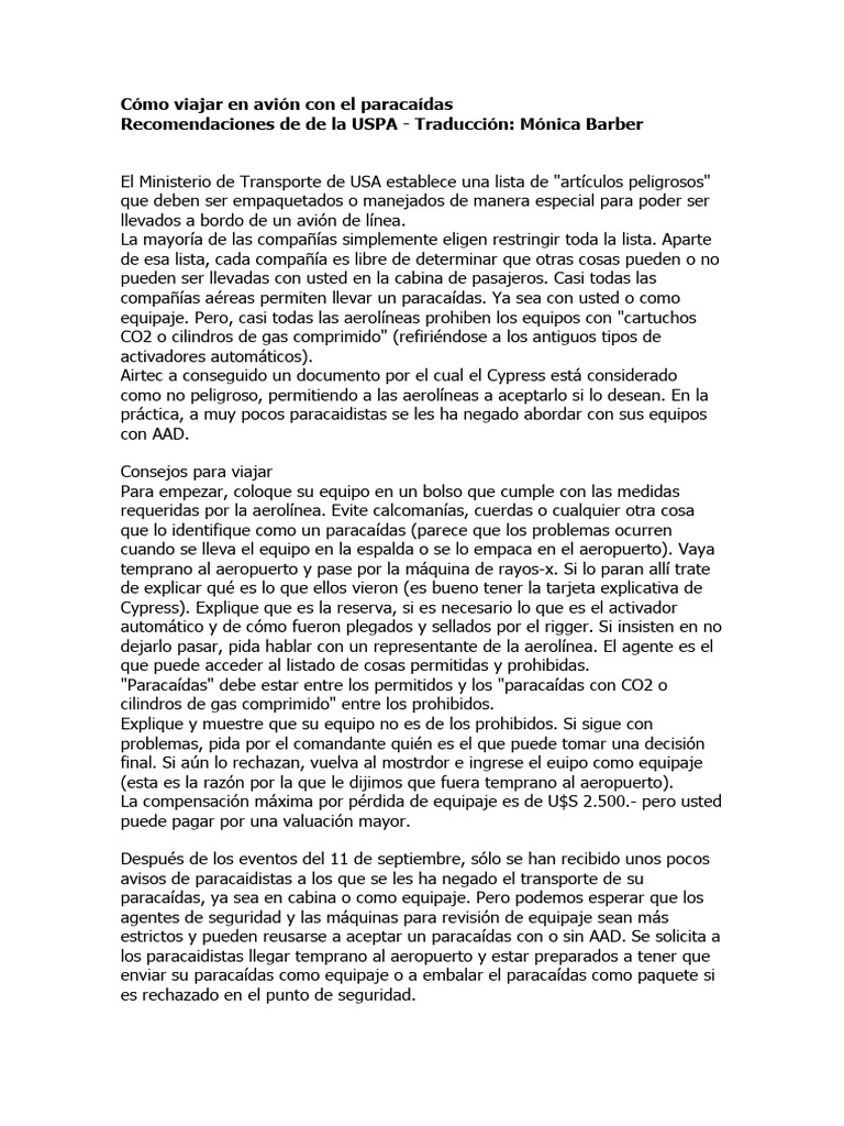 Cómo Viajar en Avión Con El Paracaídas | PDF | aerolíneas | Aeropuerto
