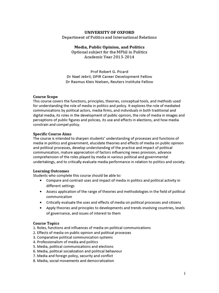 Oxford Media & Politics Course | PDF | Public Opinion | Political ...