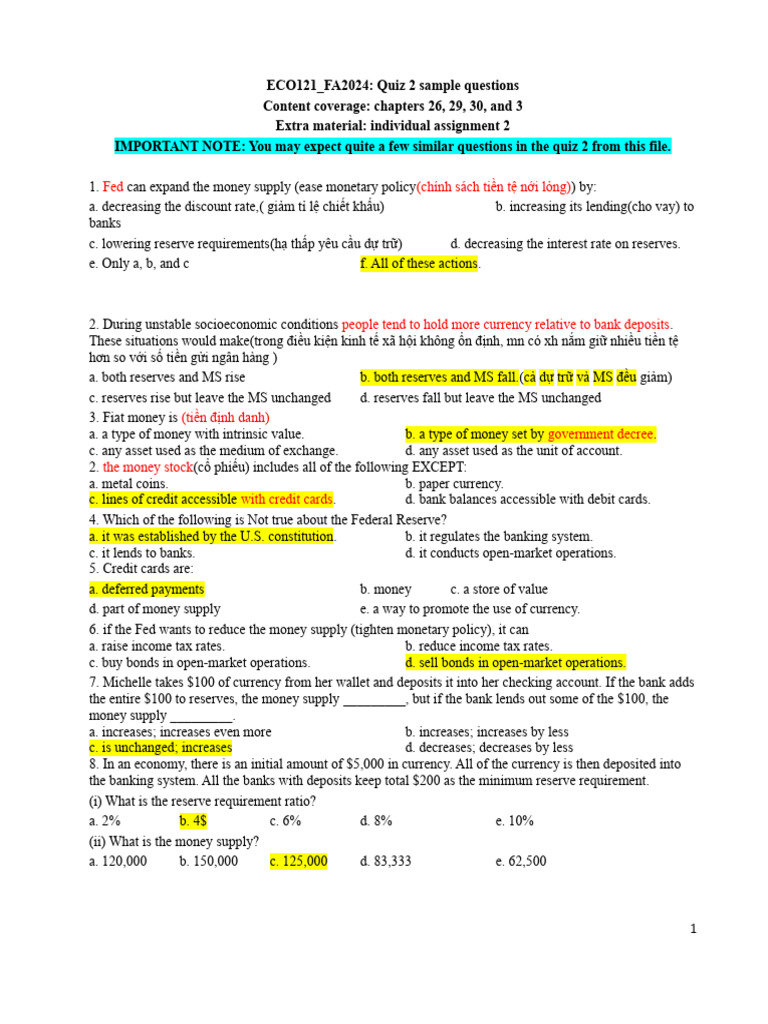 Eco121 - Quiz 2 Sample | PDF | Inflation | Money