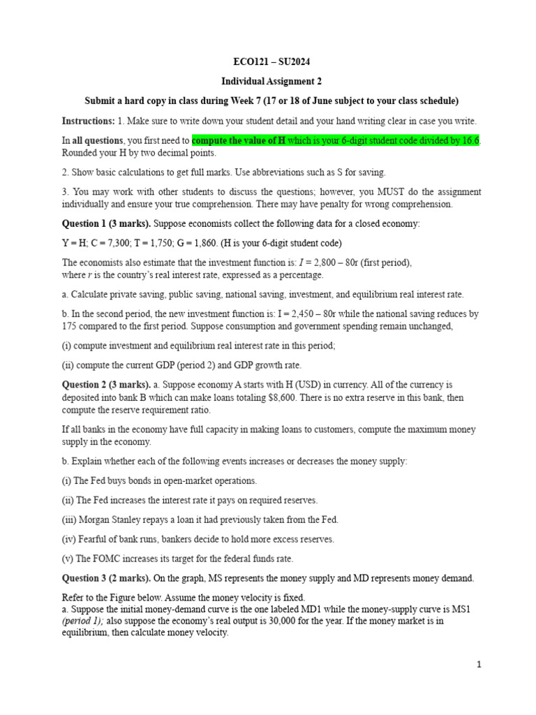 ECO121 SU2024 Individual Assignment Guide | PDF | Interest | Money Supply