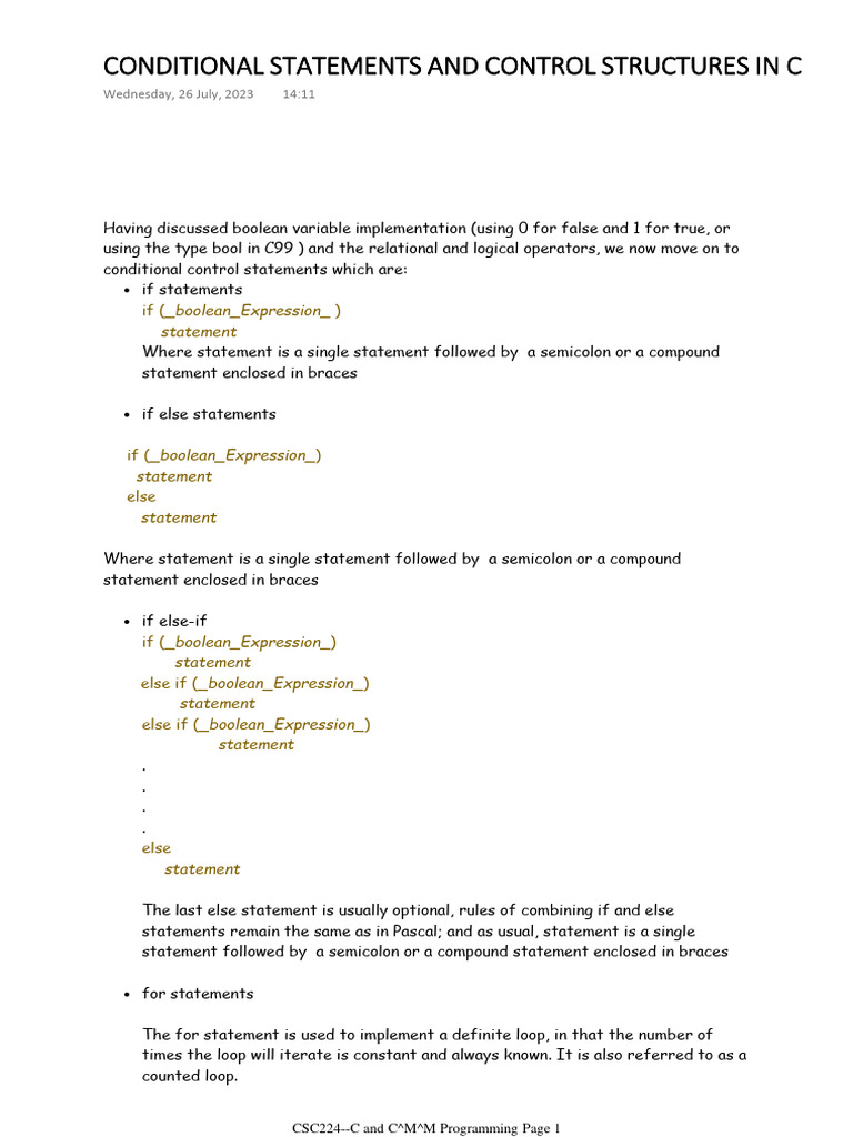 Conditional Statements and Control Structures in C | PDF | Boolean Data Type | Control Flow