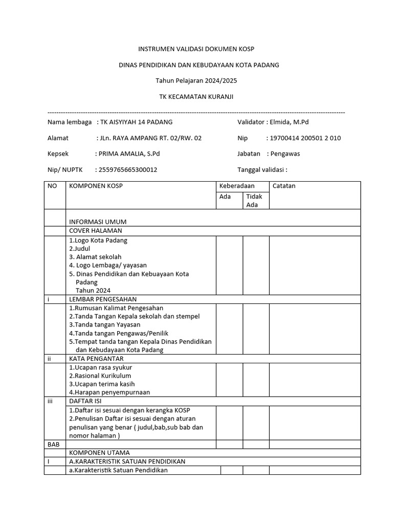 Instrumen Validasi KOSP | PDF | Karier & Perkembangan