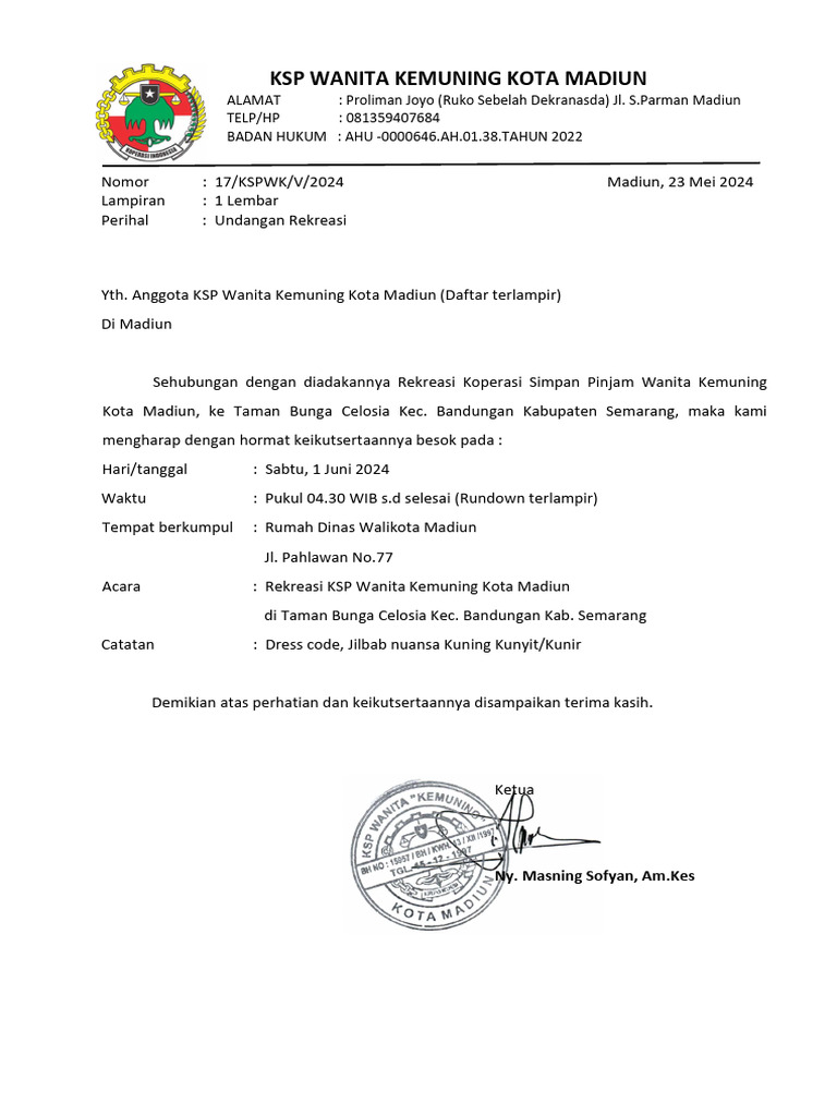 Undangan Rekreasi Anggota Kemuning-1 | PDF