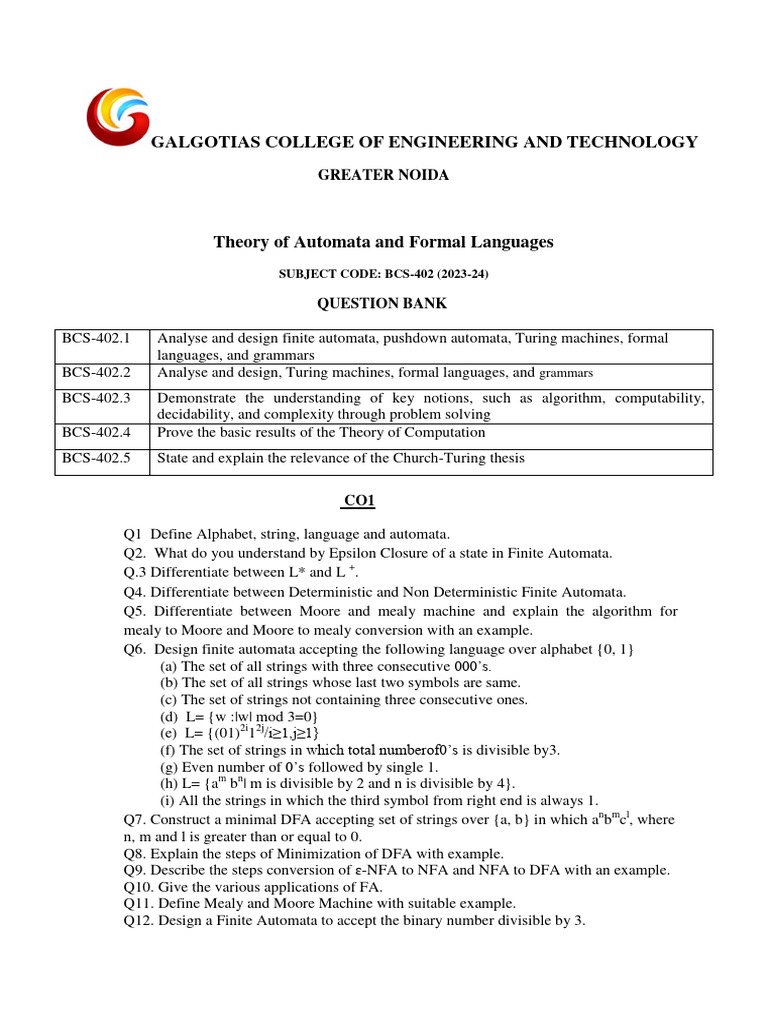 TAFL BCS402 Question Bank | PDF | Automata Theory | Syntax (Logic)