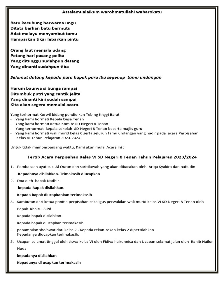 Acara Perpisahan - Versi Pantun | PDF | Griya & Taman