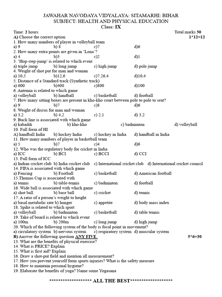 Physical Education Paper Class IX | PDF