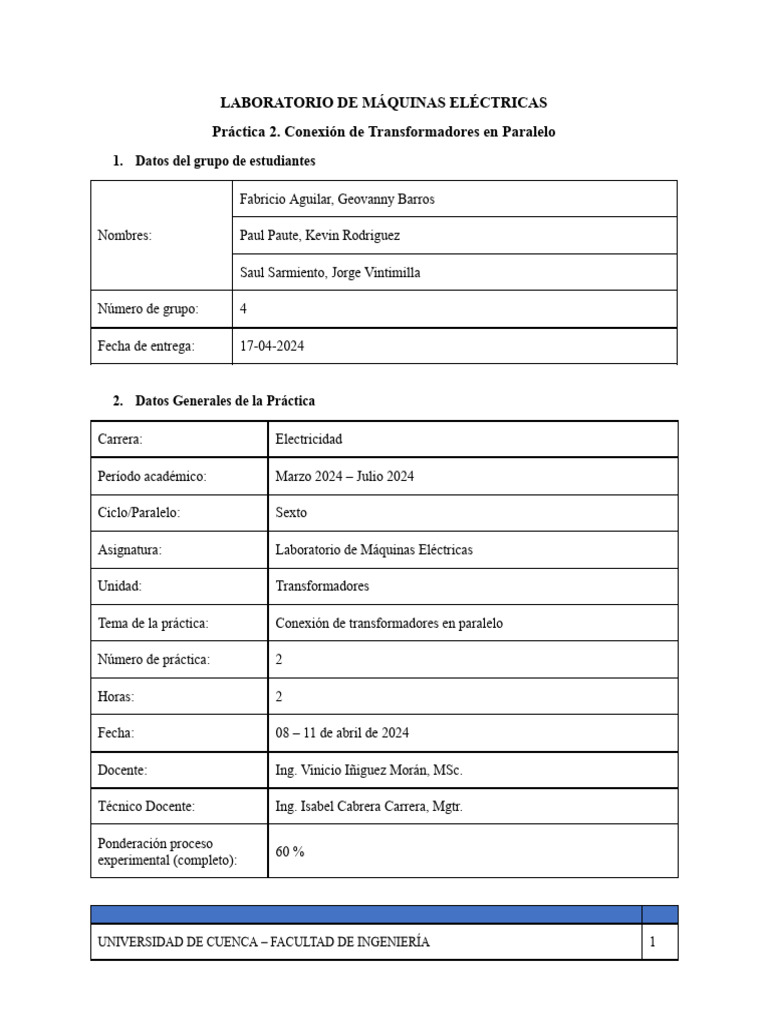 Practica 2 - Conexión de Transformadores en Paralelo | PDF | Transformador | Energia electrica