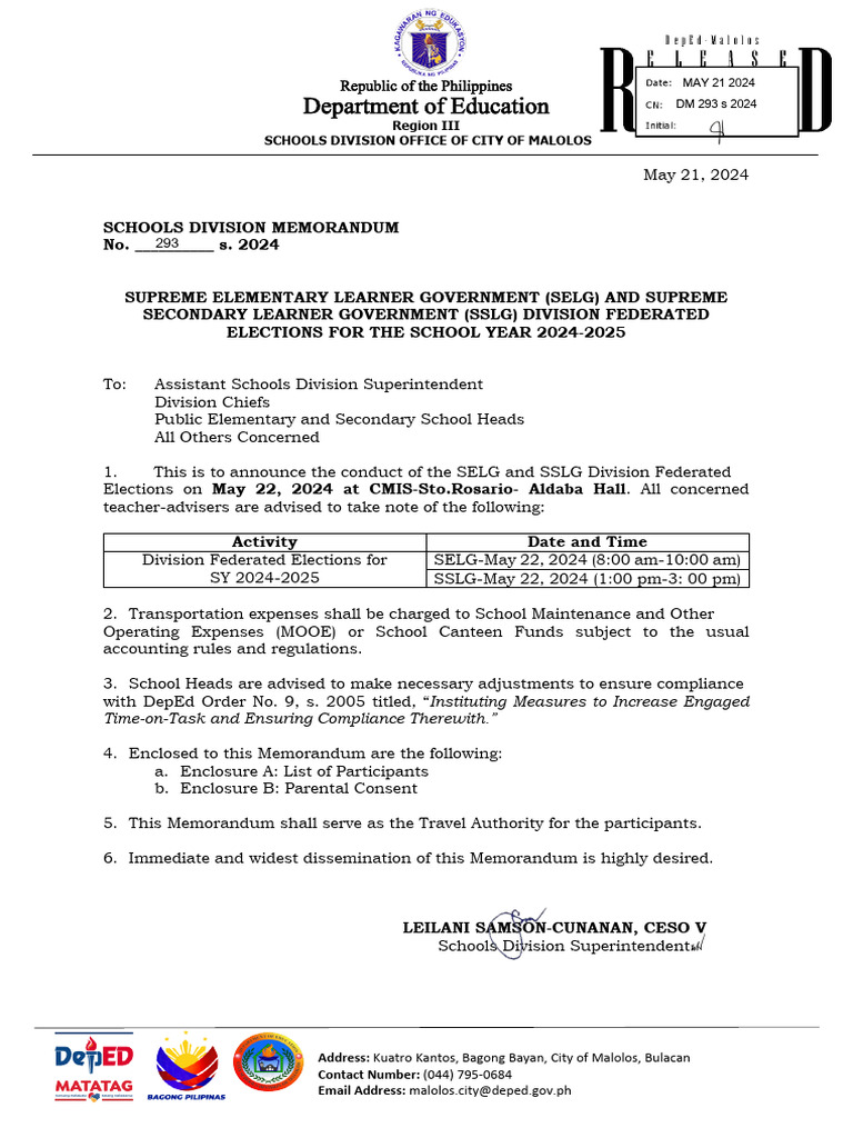 SELG and SSLG Elections Memo 2024 | PDF