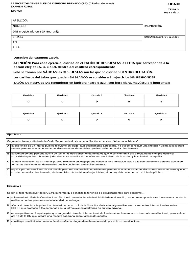 PGDP 1C 2024 Examen Final CLAVE DE CORRECCIÓN TEMA 2 | PDF | Constitución | Privacidad