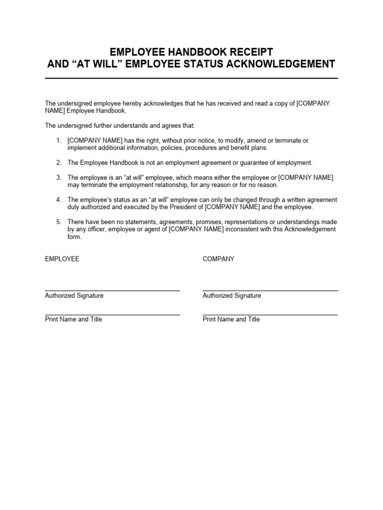 Employee Handbook Receipt Acknowledgement | PDF