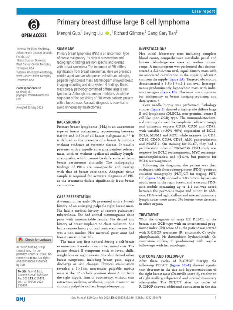 Primary Breast Diffuse Large B Cell Lymphoma Pdf Breast Cancer