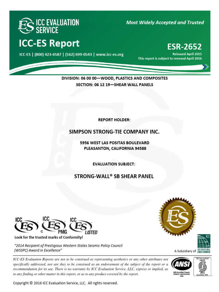 SST Strong Wall 2016 ICC ESR 2652 | PDF | Beam (Structure) | Screw