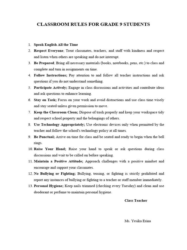 Classroom Rules For Grade 9 Students | PDF