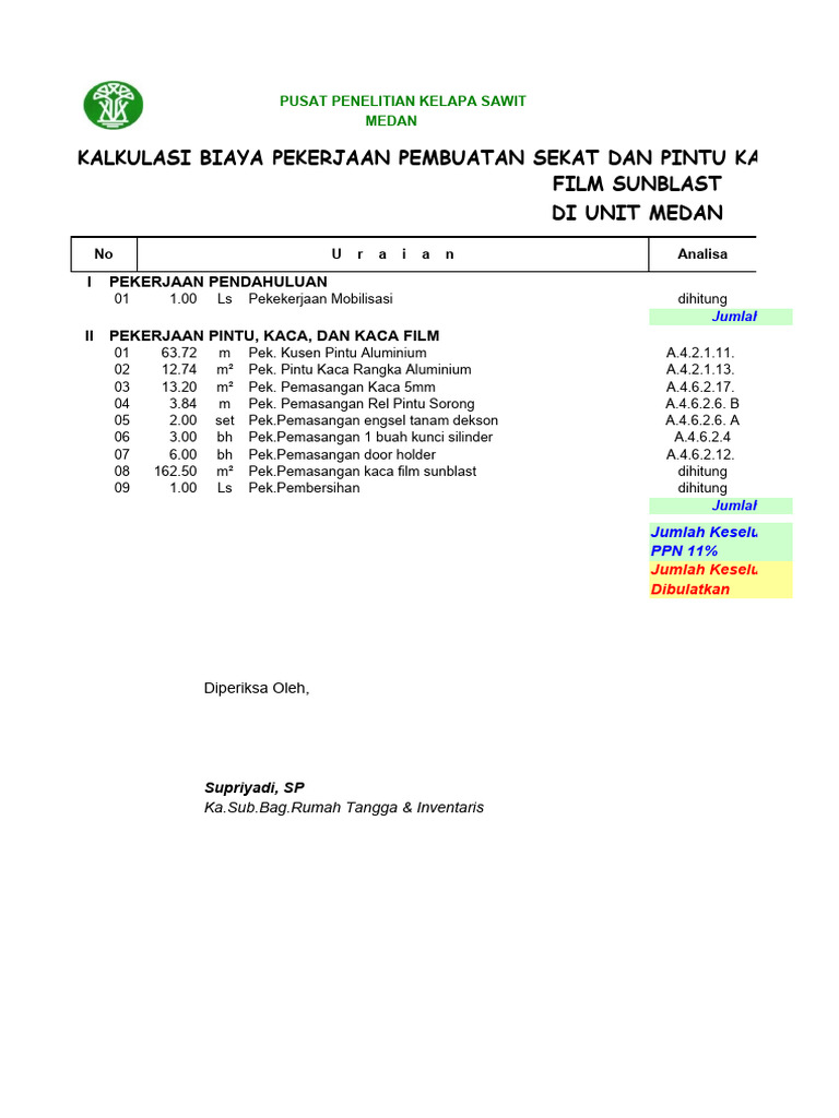 RAB Sekat, Pintu Kaca Dan Kaca Film | PDF