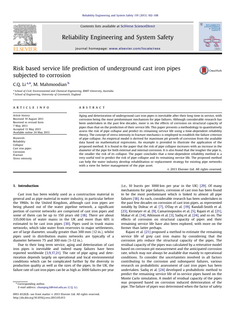 Risk Based Service Life Prediction of Underground Cast Iron Pipes ...