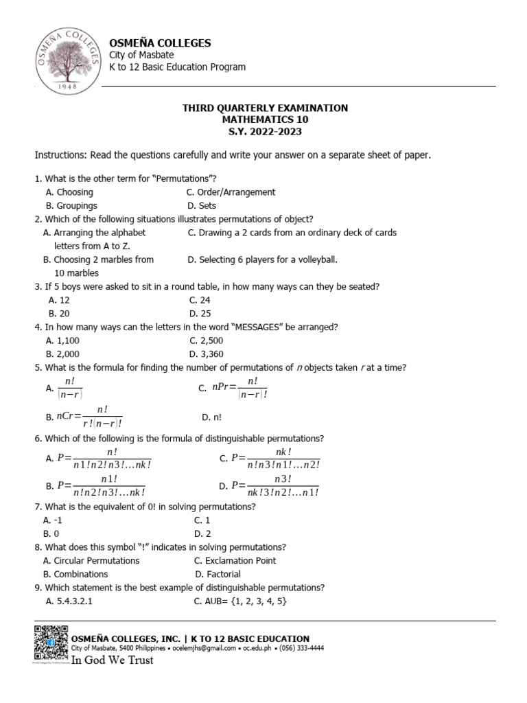 Math 10 Quarterly Exam: Permutations & Combinations | PDF | Permutation | Probability