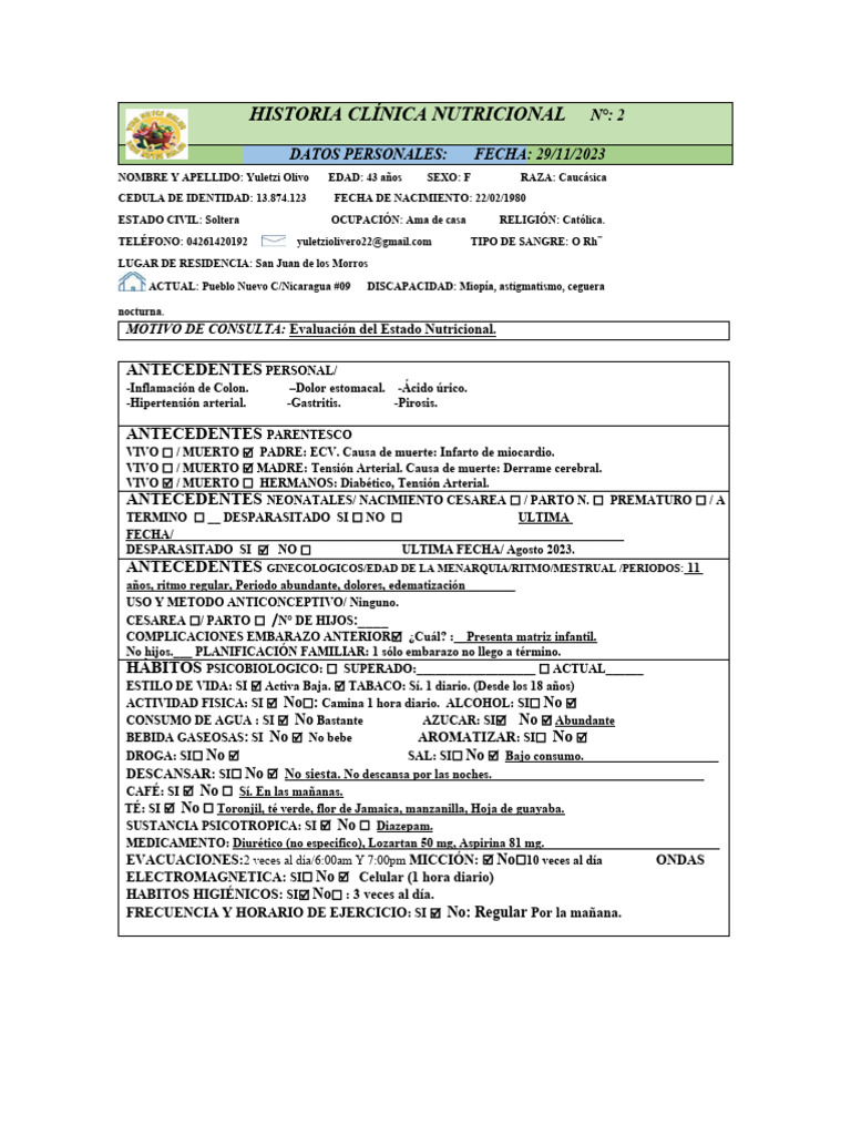 HISTORIA CLÍNICA NUTRICIONAL Paciente Llenaa | PDF | Especialidades Medicas | Medicina CLINICA