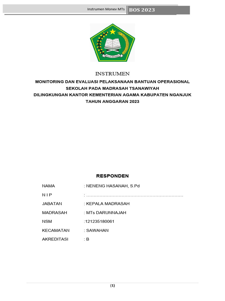 INSTRUMEN - MONEV - BOs MTs - 2023 | PDF