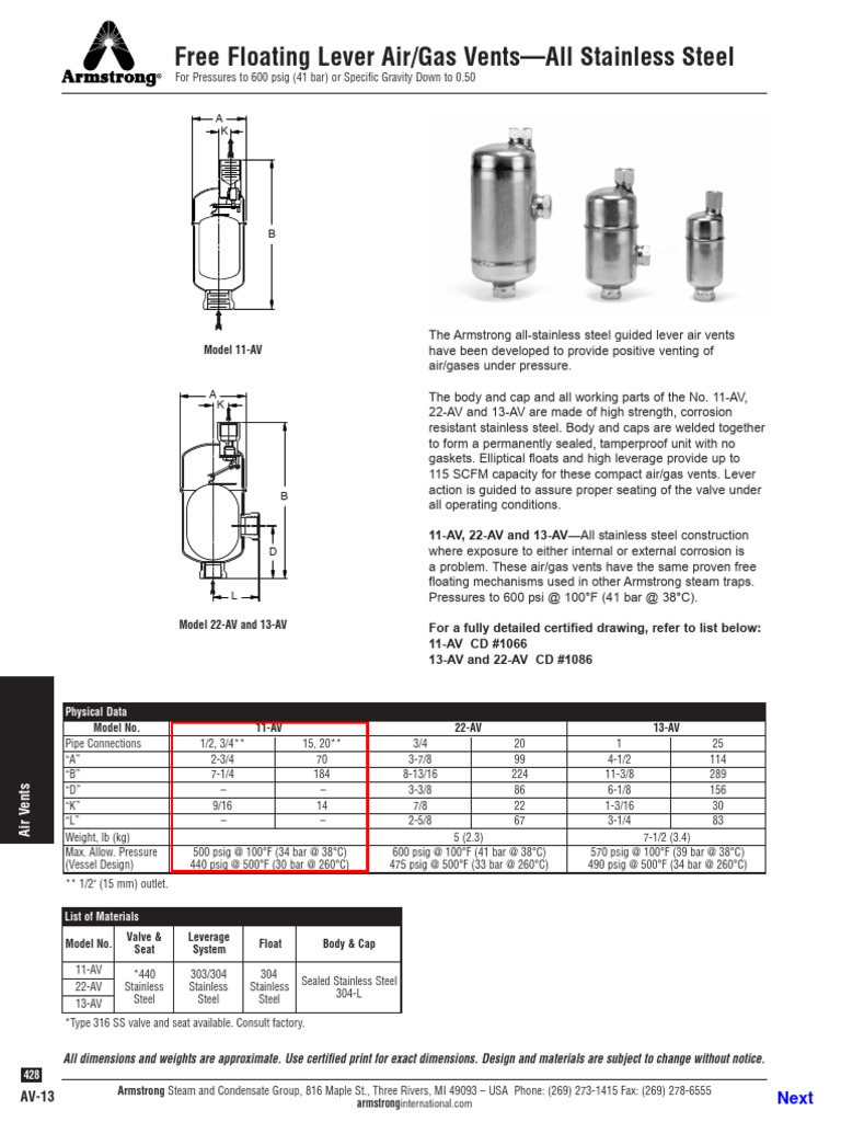 Armstrong 11-AV Air Vent Specifications | PDF | Valve | Stainless Steel