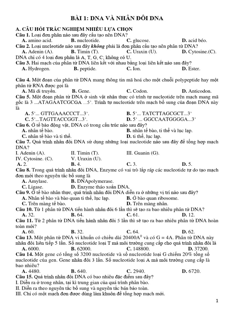 Bài 1. DNA Và Nhân Đôi DNA (Bài Tập) - Đề | PDF
