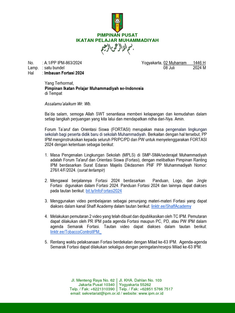 863 - (Fortasi 2024) Surat Imbauan PP IPM Dan Surat Edaran Dikdasmen ...